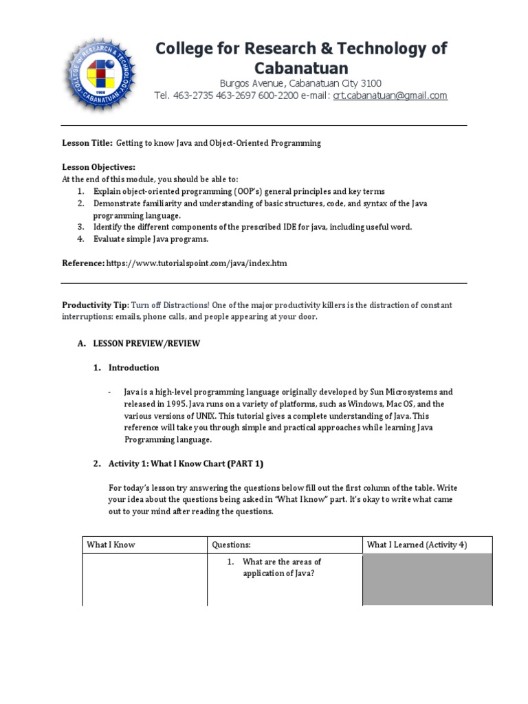 Module 1 Getting To Know Java | PDF | Java (Programming Language) | C++