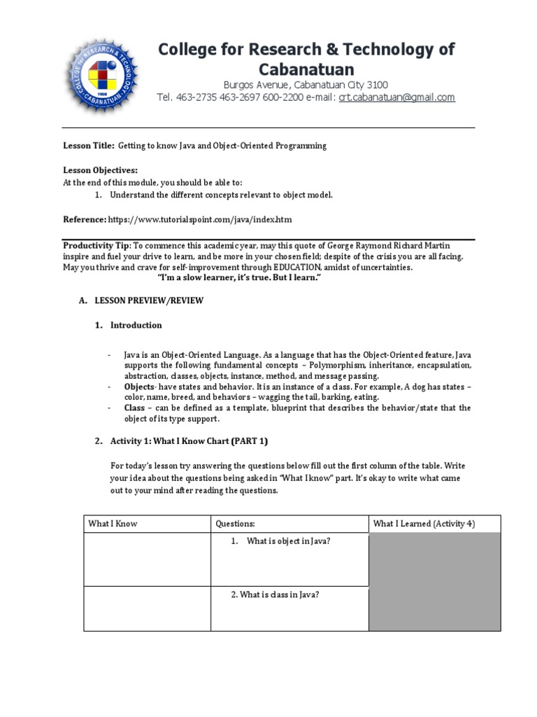 Module 2 Getting To Know Java and Object Oriented Programming | PDF ...