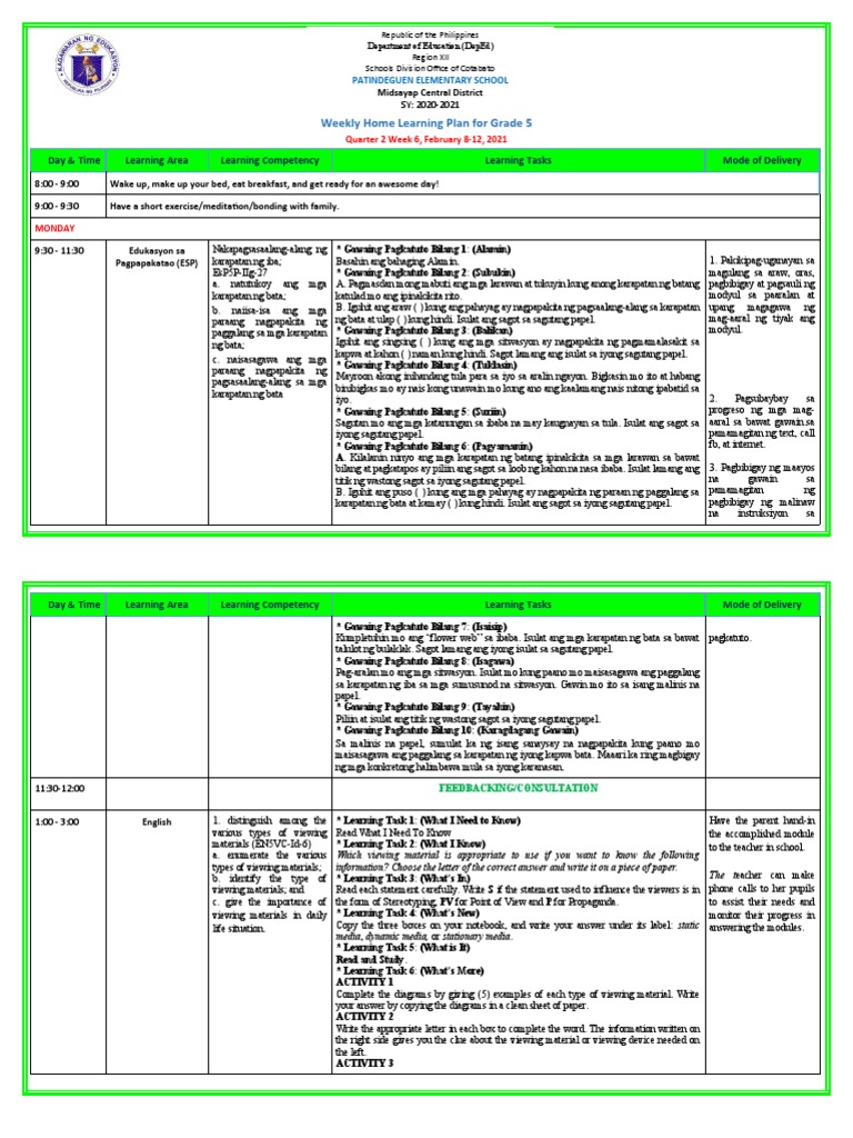 WHLP Detailed Grade 5 q2 w6 All Subjects | PDF