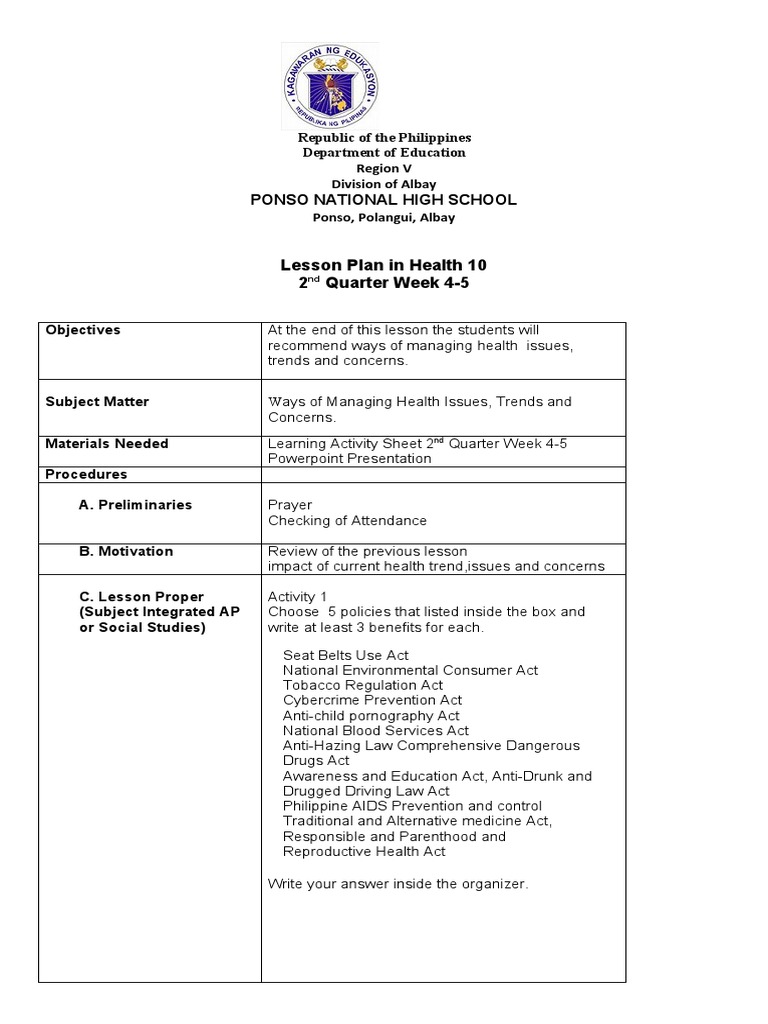 Lesson Plan in Health 10 2 Quarter Week 4-5: Ponso National High School ...