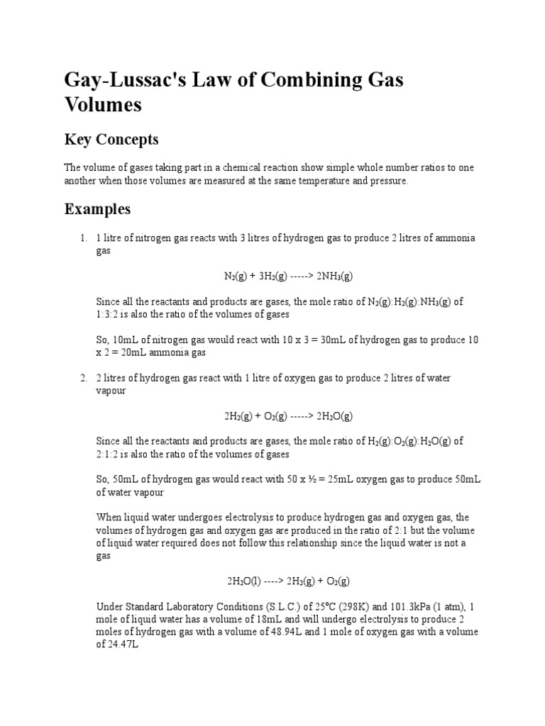 Gay-Lussac's Law of Combining Gas Volumes | PDF