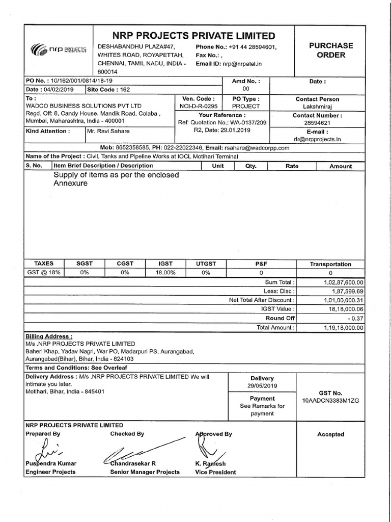 IOCL Motihari IFR Order From NRP Projects. | PDF