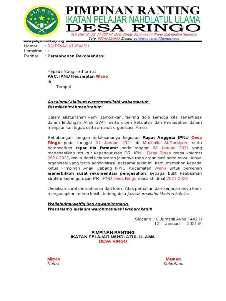 Surat Permohonan Rekomendasi Ke PAC | PDF