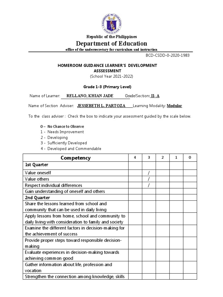 Homeroom Guidance Assessment Grades 1-3 | PDF | Educational Assessment ...
