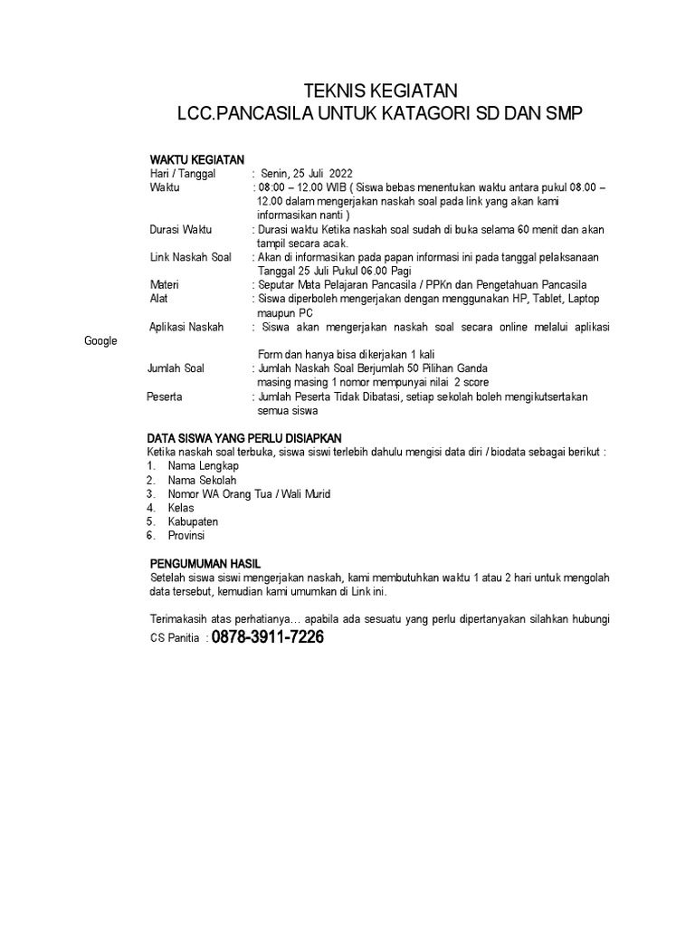 Teknis Lcc. Pancasila Tingkat SD Dan SMP | PDF | Karier & Perkembangan | Kesehatan Holistik