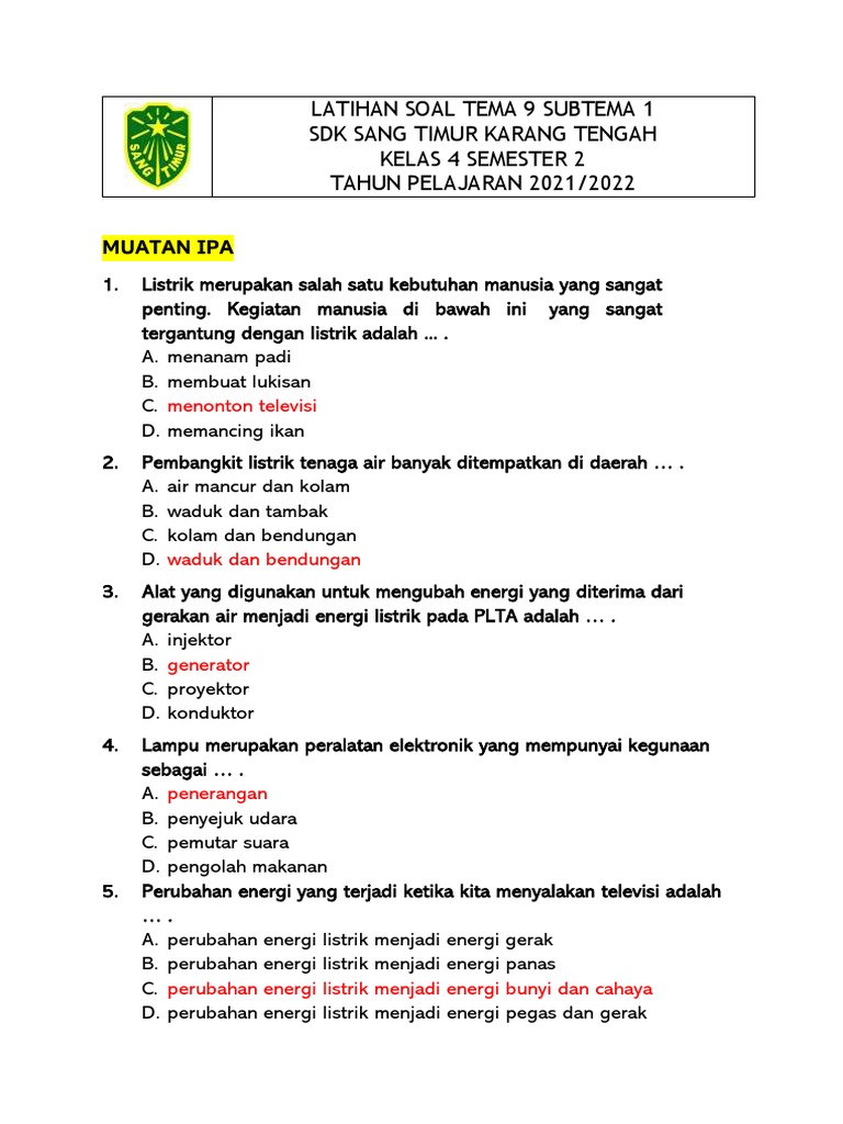 Latihan Soal Tema 9 Subtema 1 | PDF