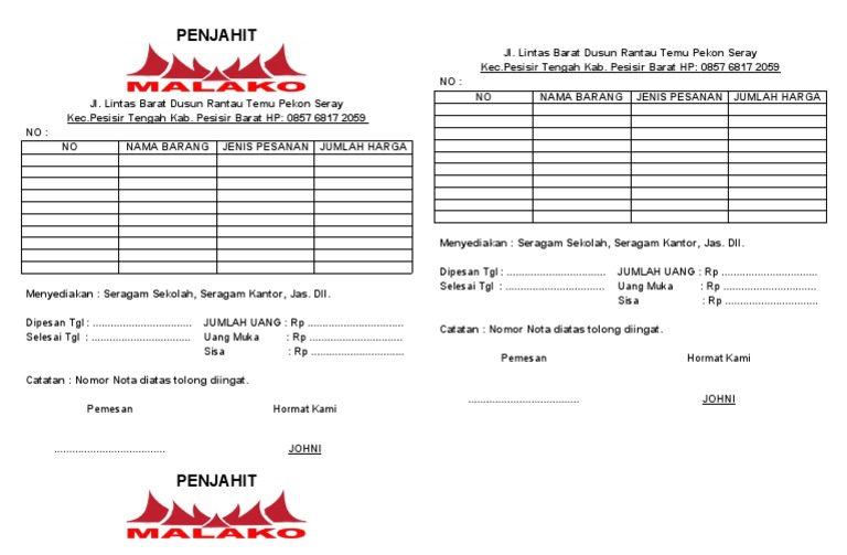 Nota Pesanan Jahit Seragam | PDF