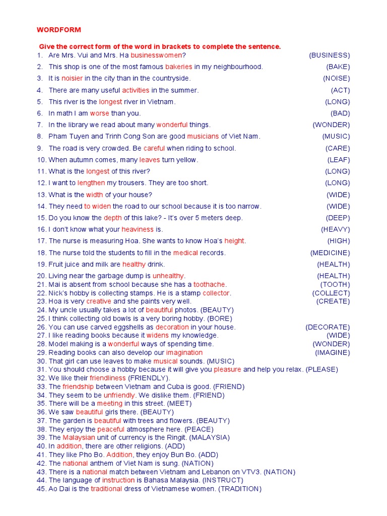 Wordform Give The Correct Form of The Word in Brackets To Complete The ...