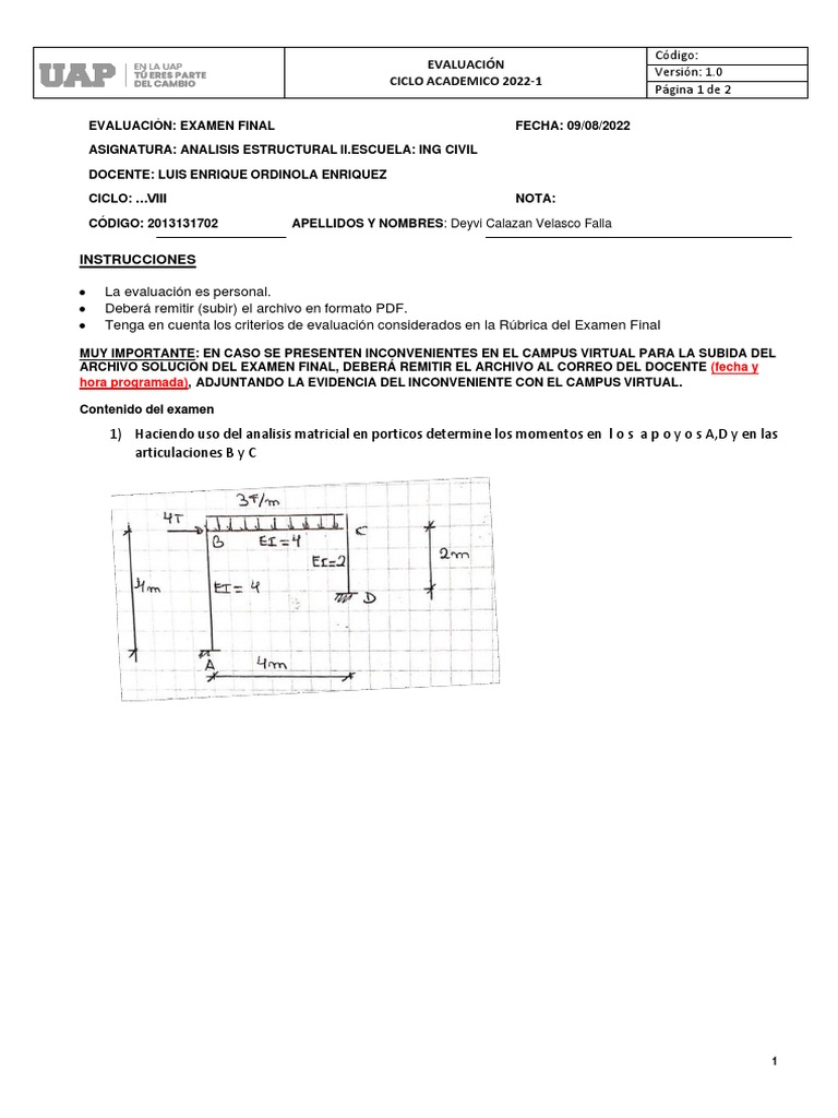 EXAMEN FINAL DE ANALISIS ESTRUCTURAL II Deyvi | PDF | Prueba (evaluación) | Informática