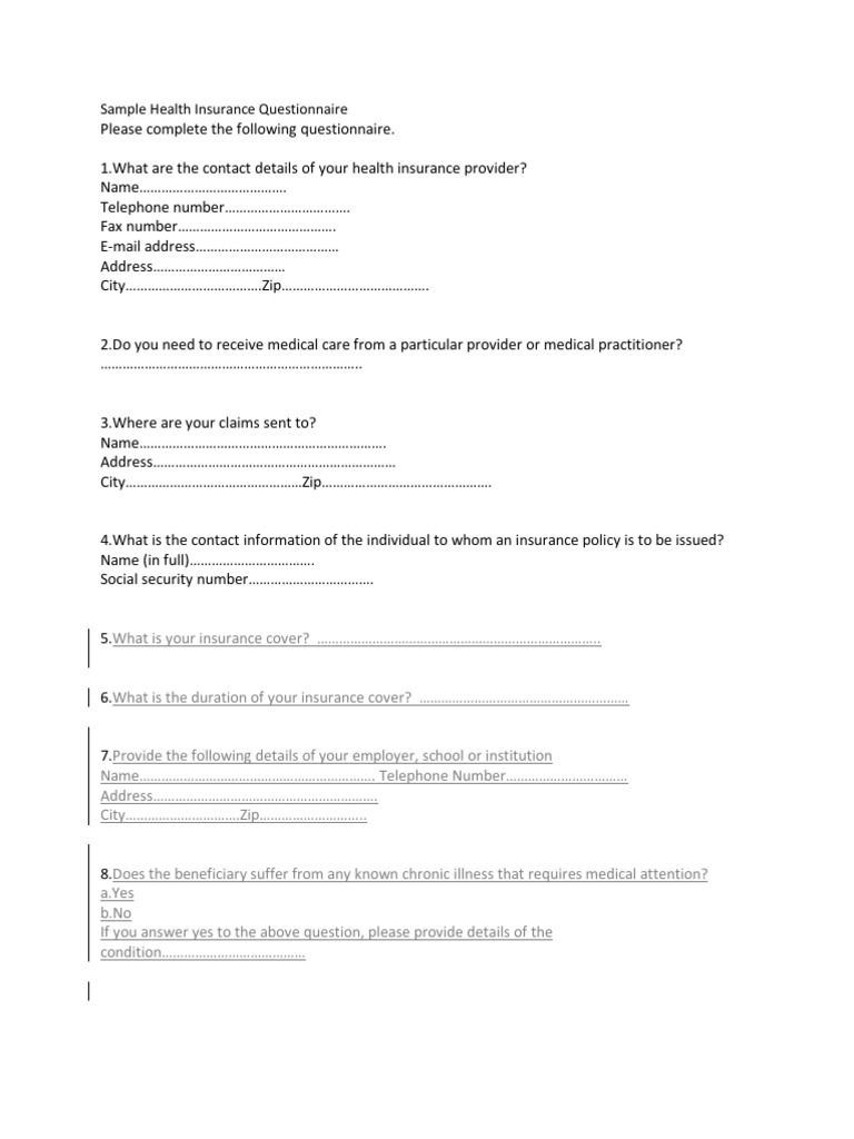 Sample Health Insurance Questionnaire | PDF