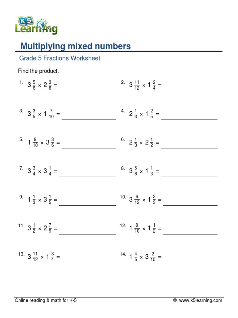 Multiplying Mixed Numbers: Grade 5 Fractions Worksheet | PDF | Signal ...