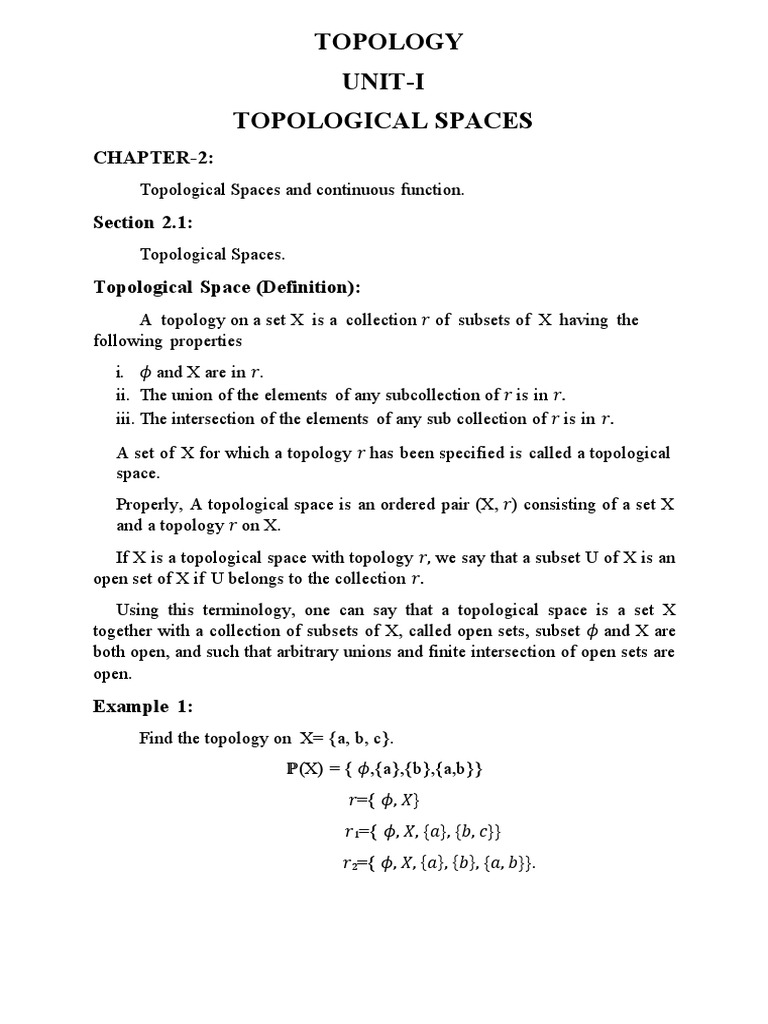 Topology Unit-I Topological Spaces: Chapter-2: Section 2.1: Topological Space (Definition) | PDF ...