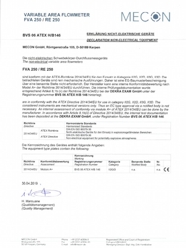 RE250 ATEX Declaration of Conformity | PDF