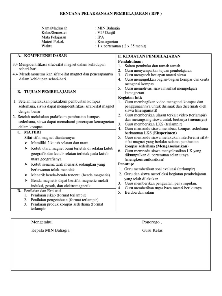 Contoh RPP 1 Lembar | PDF