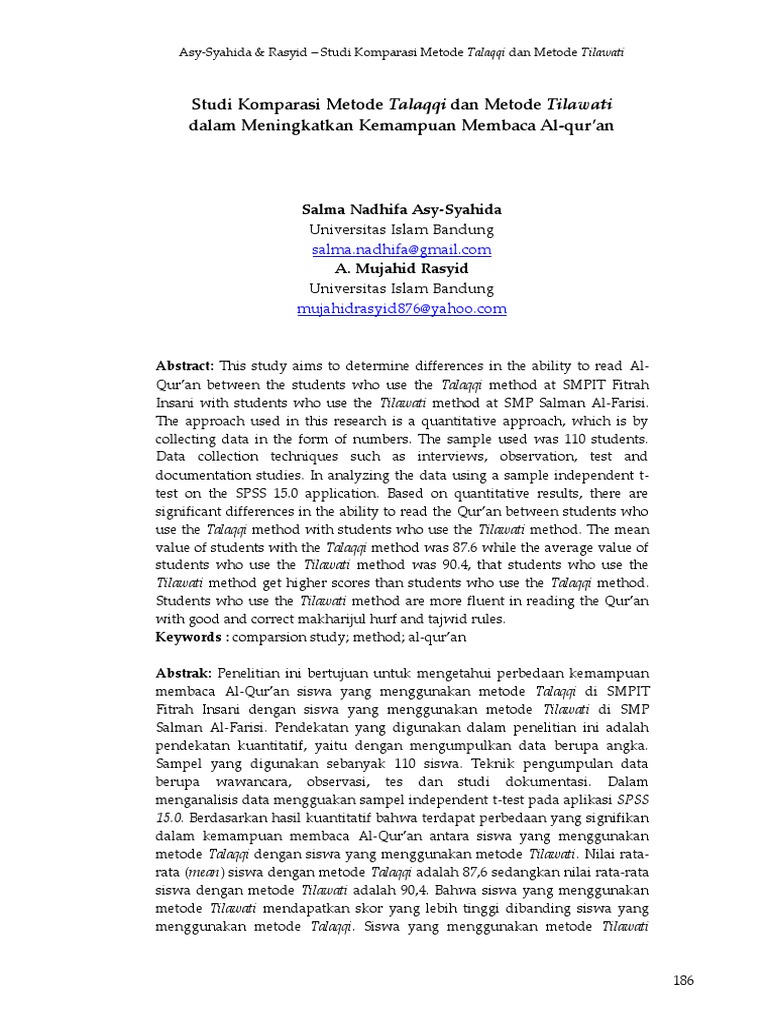 StudiKomparasi Metode Talaqqidan Metode Tilawatidalam Meningkatkan Kemampuan Membaca Al-Qur'an ...