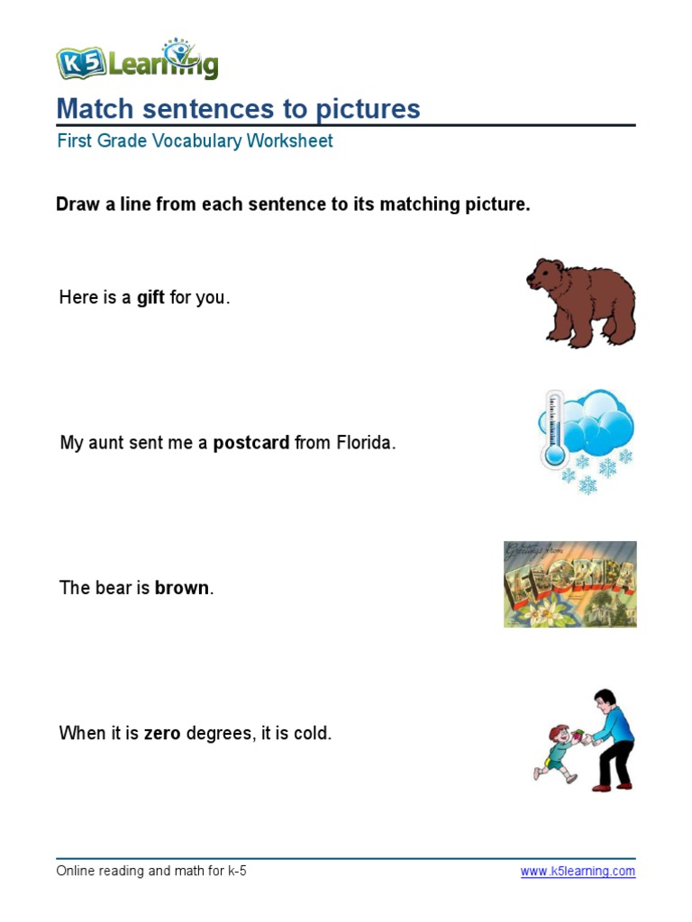 Match Sentences To Pictures: First Grade Vocabulary Worksheet | PDF ...