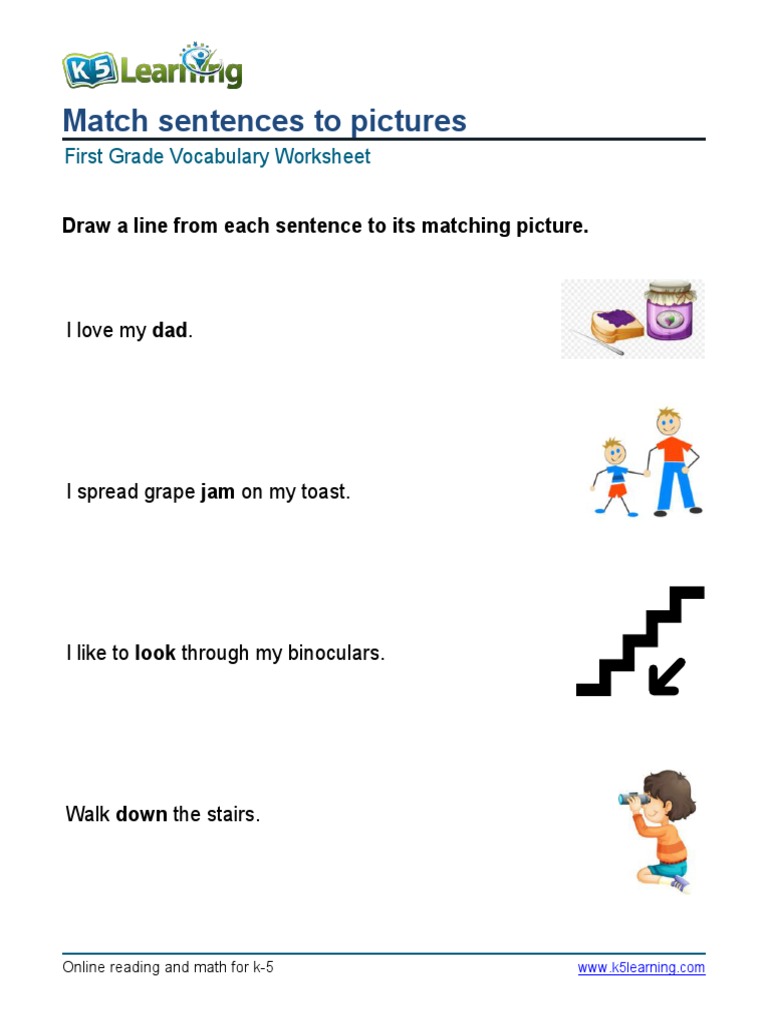 Match Sentences To Pictures: First Grade Vocabulary Worksheet | PDF ...