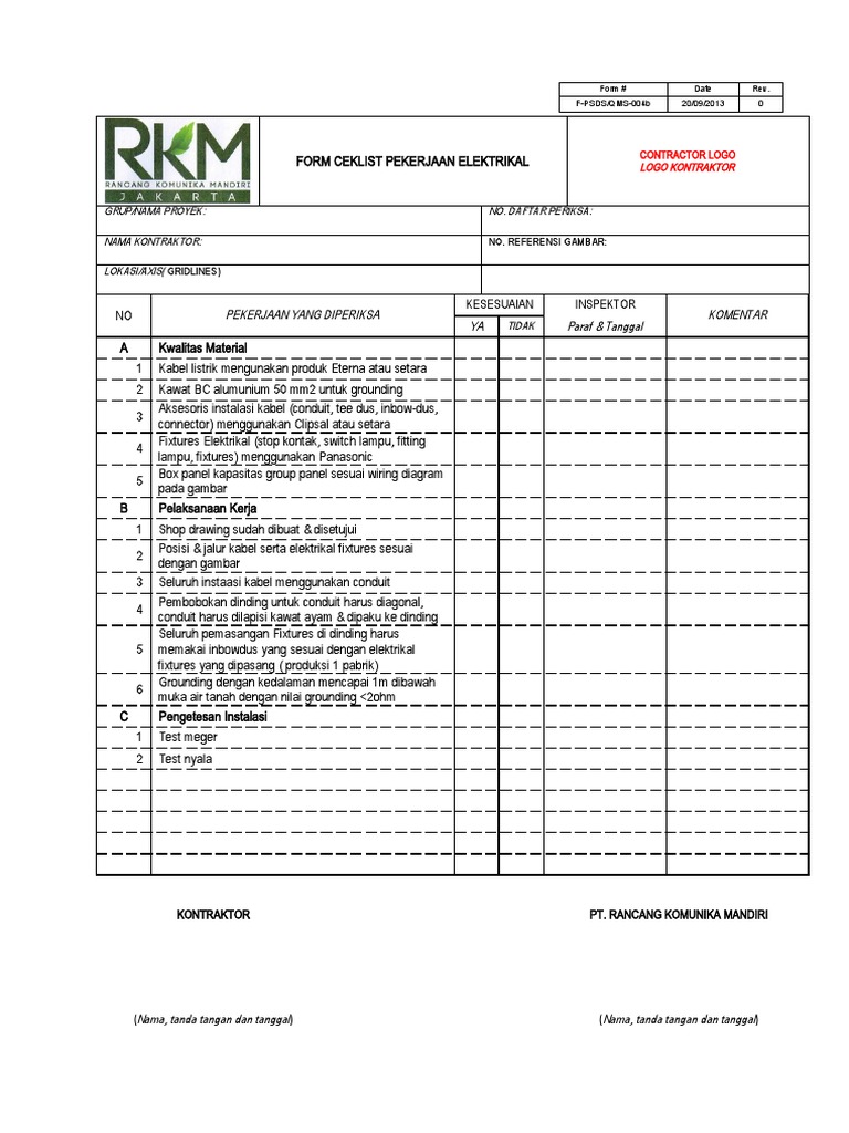 Form Ceklist Pekerjaan Elektrikal | PDF