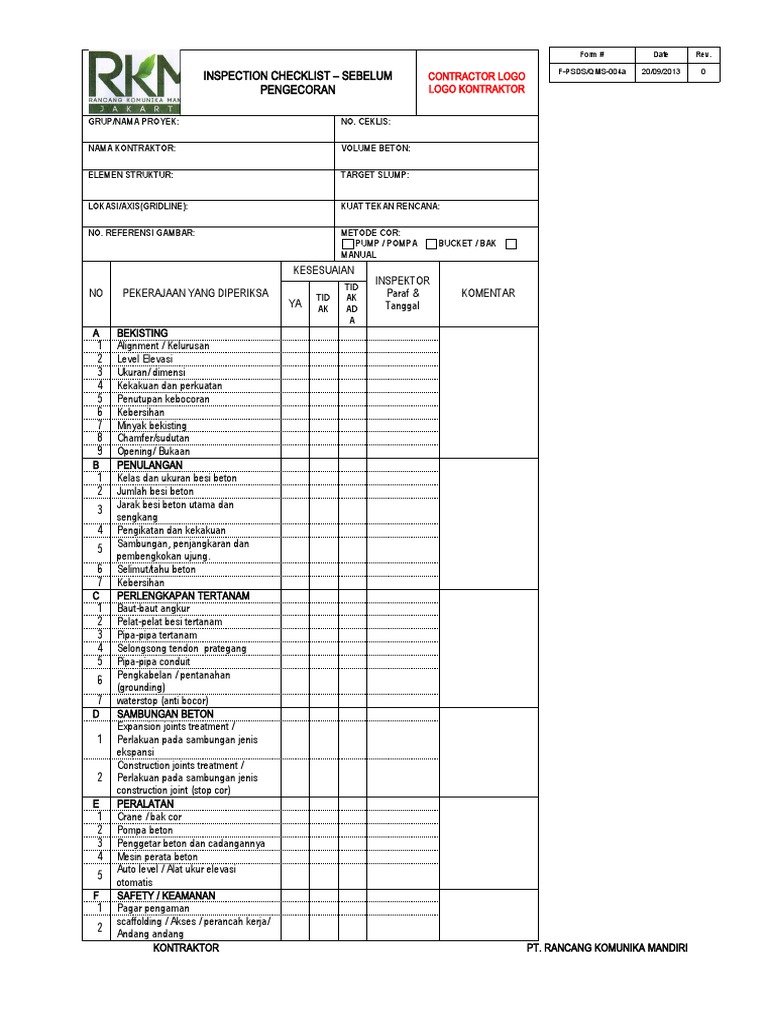 Ceklist Inspeksi Pra Pengecoran | PDF