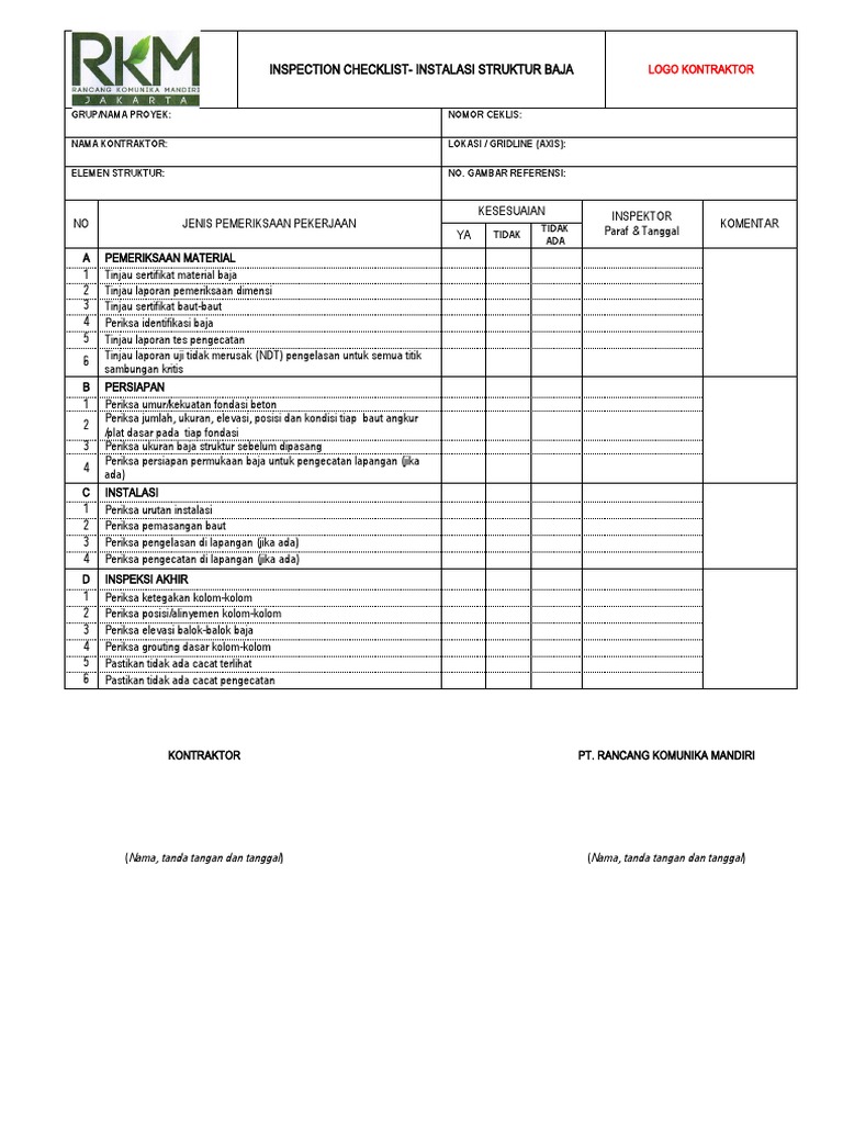 Ceklist Inspeksi Pekerjaan Baja | PDF