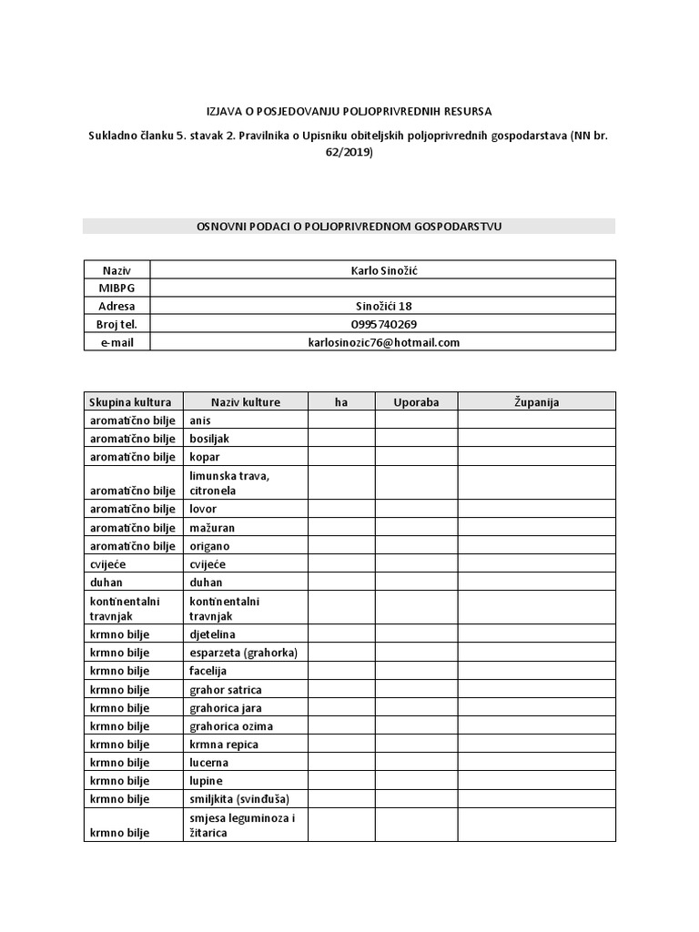 Izjava o Posjedovanju Poljoprivrednih Resursa | PDF