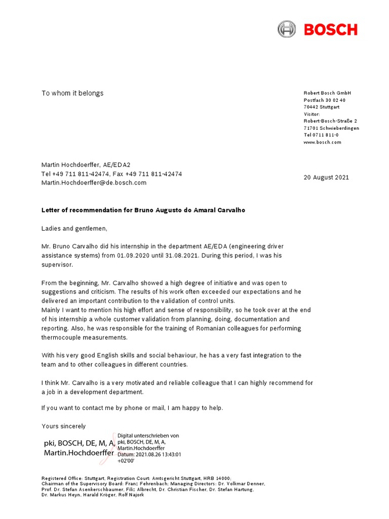 Bosch Internship Recommendation Letter | PDF