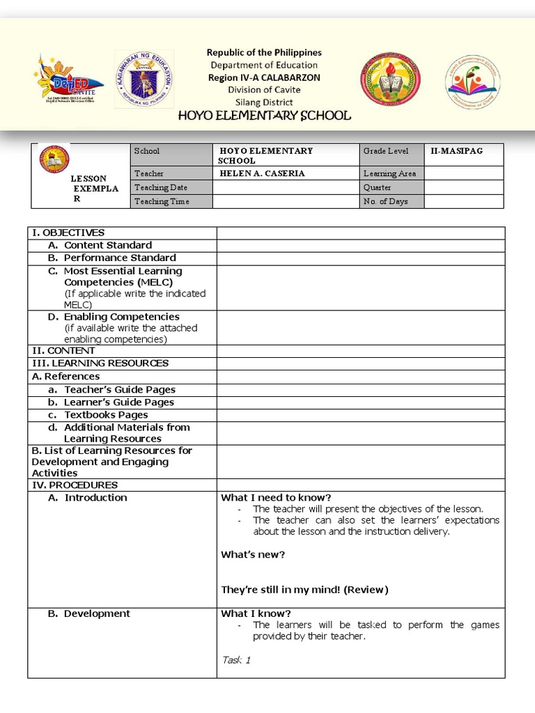 Lesson Exemplar Template-English | Download Free PDF | Learning | Teachers