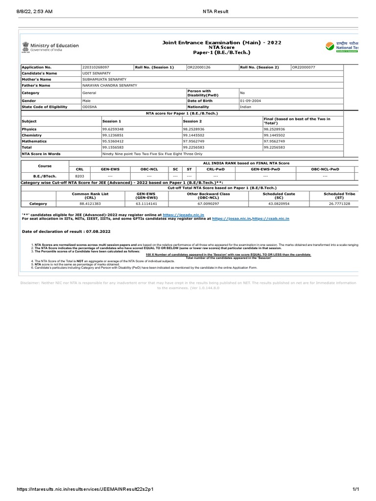 NTA Result | PDF | Qualifications | Student Assessment And Evaluation