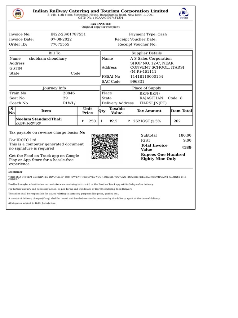 Tax Invoice for the Sale of One Neelam Standard Thali by IRCTC Catering ...