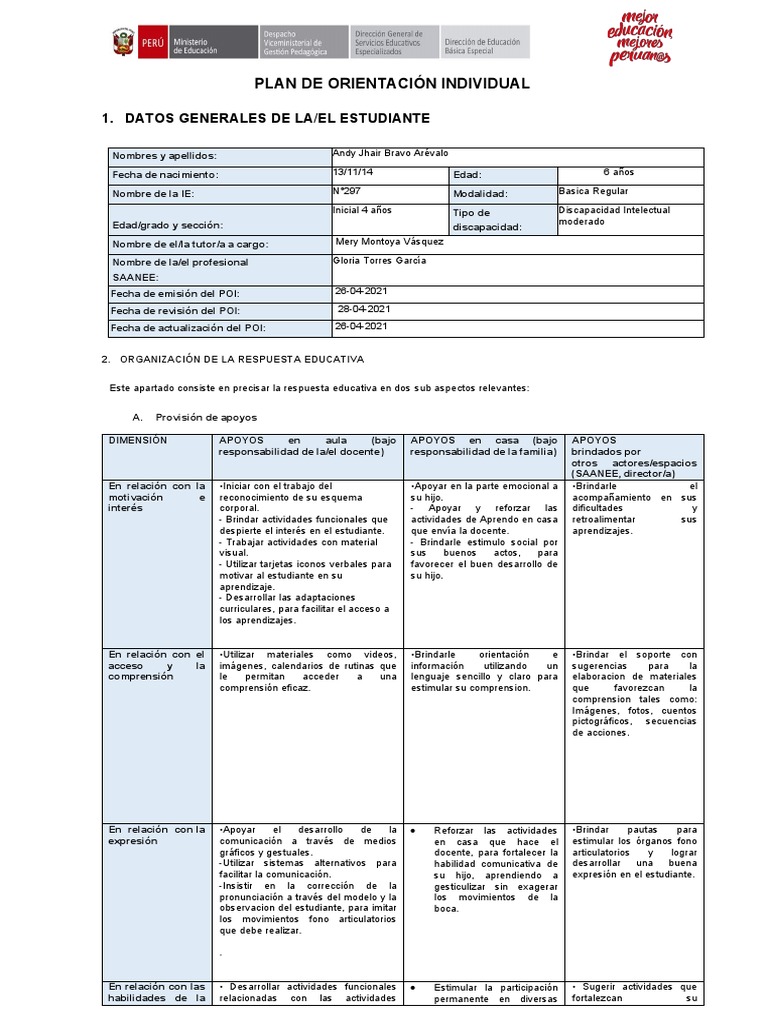 Plan de Orientación Individual | PDF | Las emociones | Aprendizaje