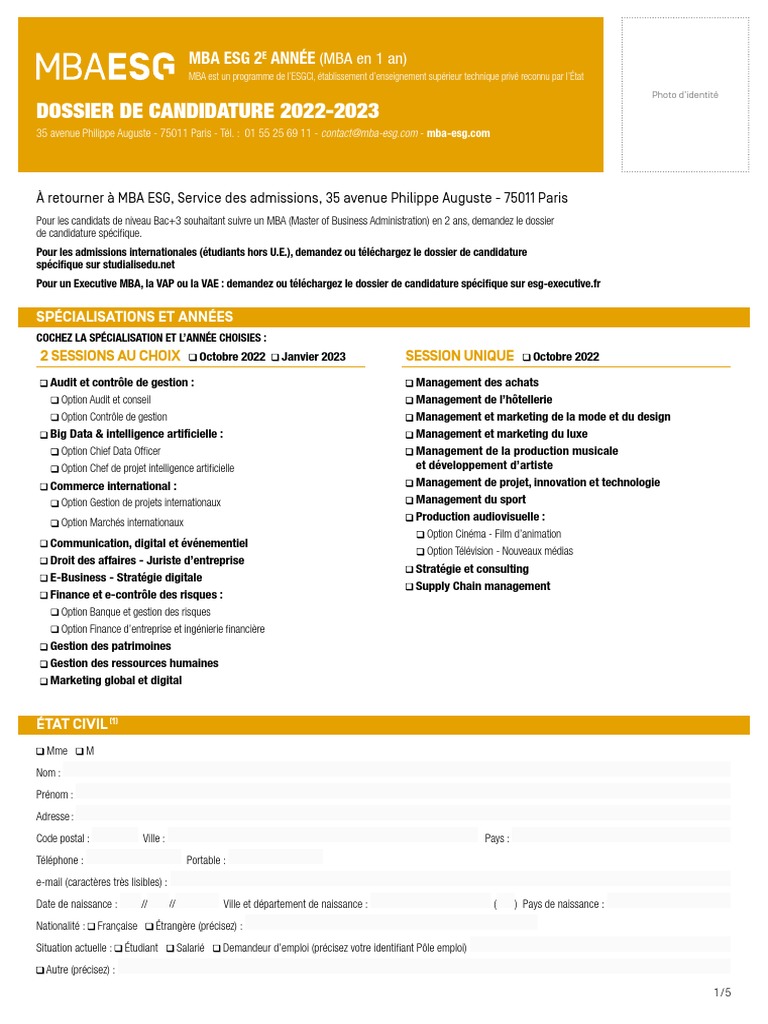 Dossier de candidature MBA ESG 2022-2023 | PDF | Maîtrise en ...