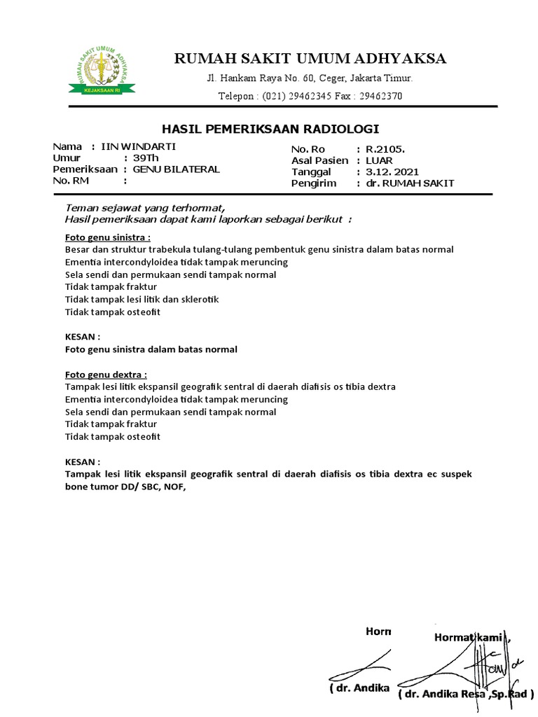 HASIL PEMERIKSAAN RADIOLOGI PASIEN IIN WINDARTI | PDF