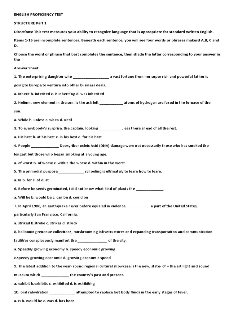 English Proficiency Test | PDF | Travel | Language Arts & Discipline