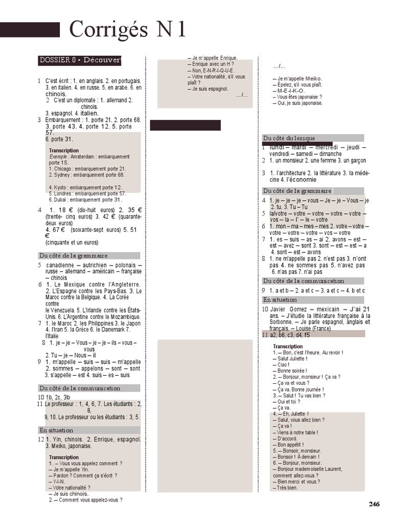 Corrigés N1 : Leçons de français | PDF | Linguistique | Communication ...