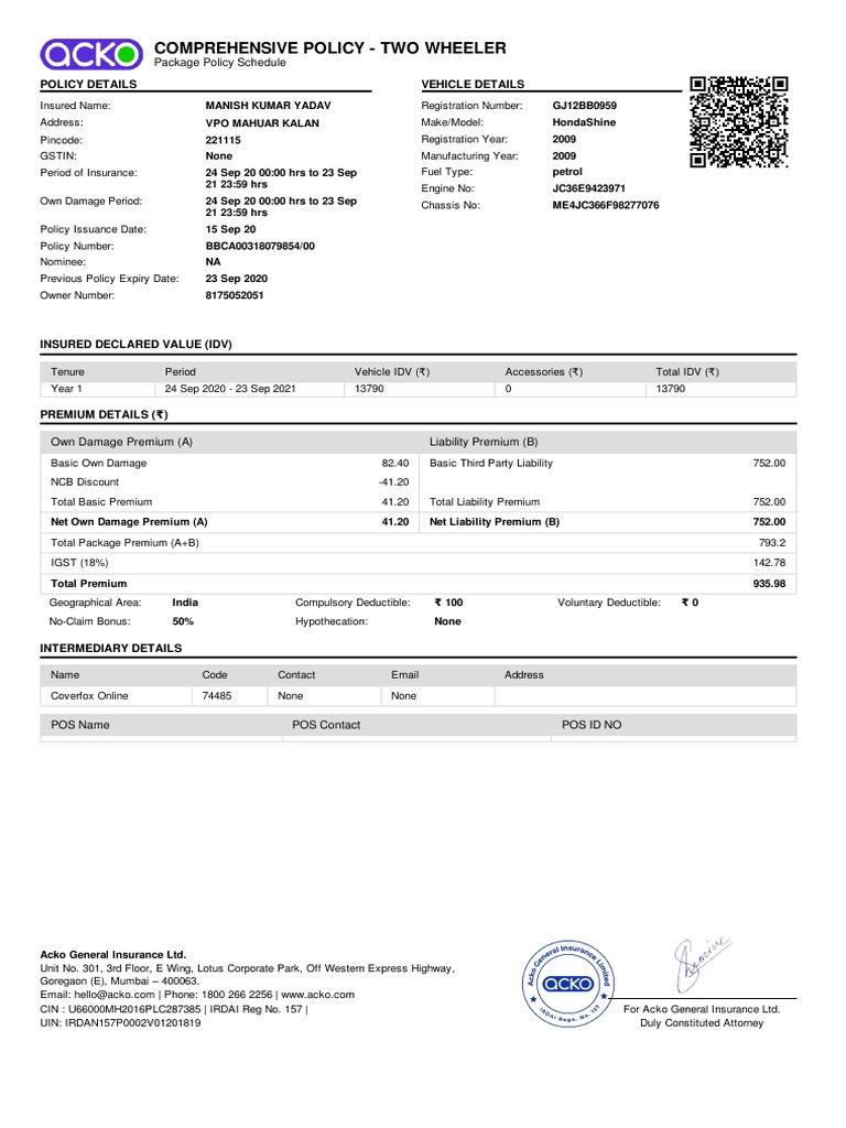 Comprehensive Policy - Two Wheeler: Policy Details Vehicle Details ...