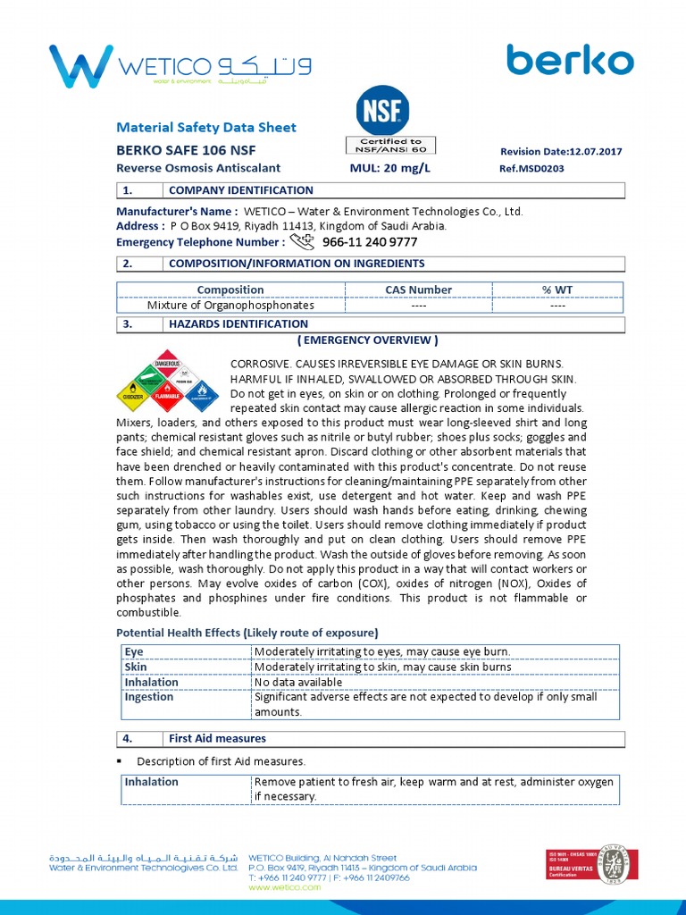 MSDS New BERKO SAFE 106 NSF | PDF | Toxicity | Personal Protective ...