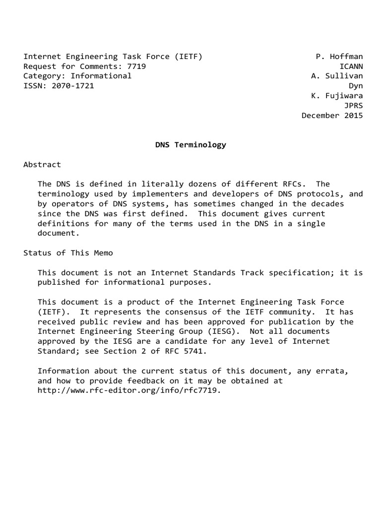 RFC 7719 - DNS Terminology | PDF | Domain Name System | Domain Name