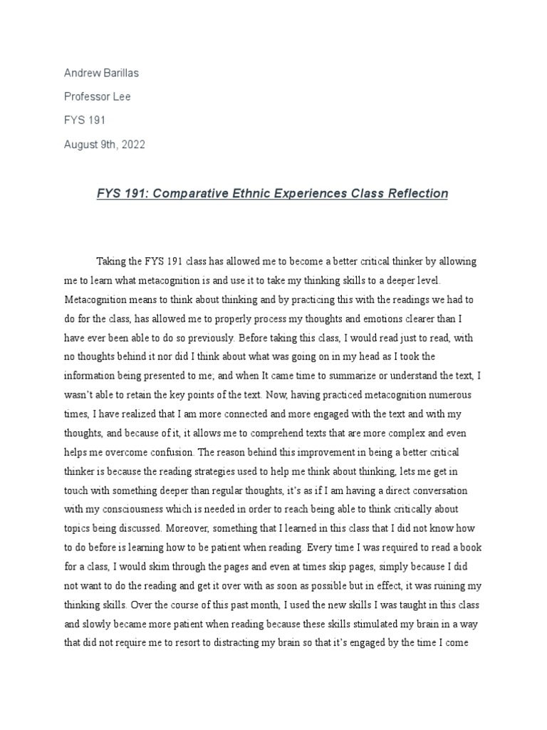 Fys 191 Class Reflection | PDF | Thought | Metacognition