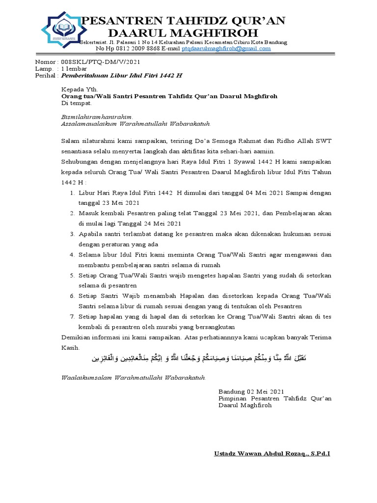 Surat Pemberitahuan Libur | PDF