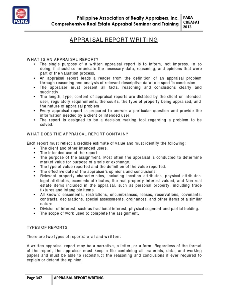 Appraisal Report Writing | PDF | Real Estate Appraisal | Property