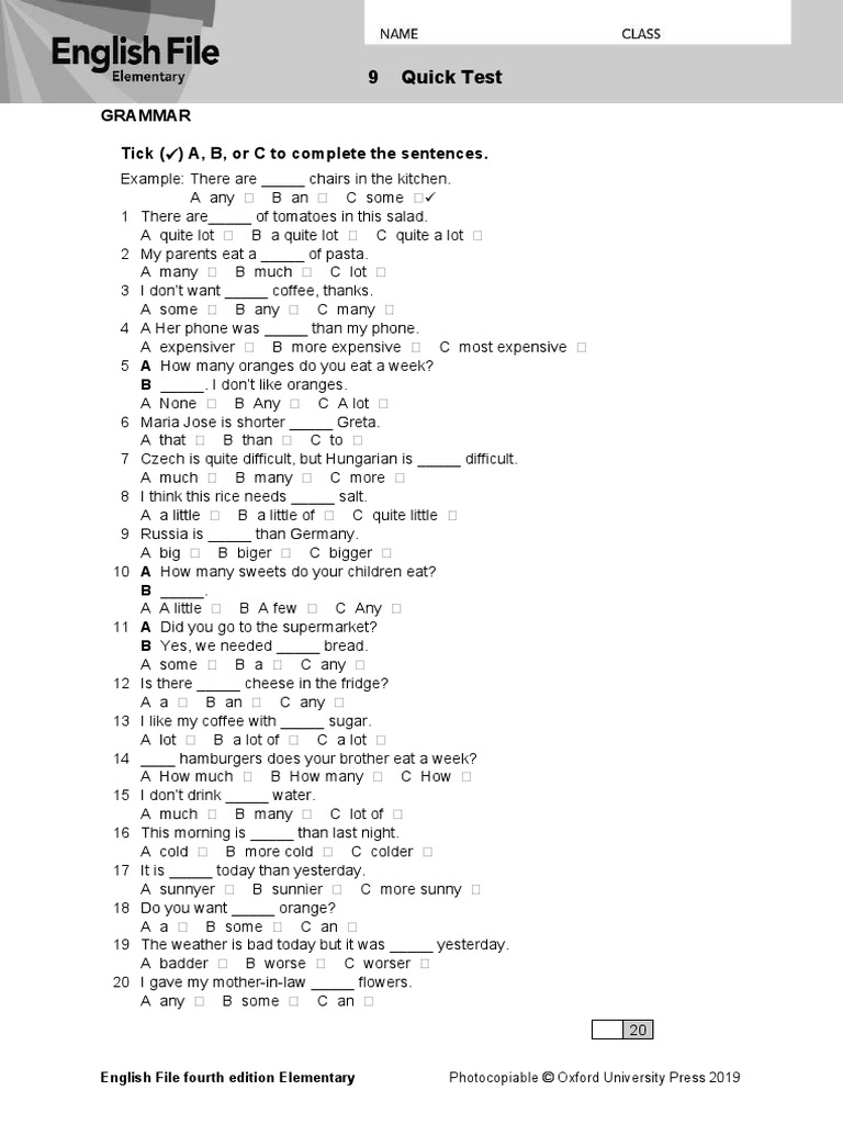 9 Quick Test: Grammar Tick ( ) A, B, or C To Complete The Sentences ...
