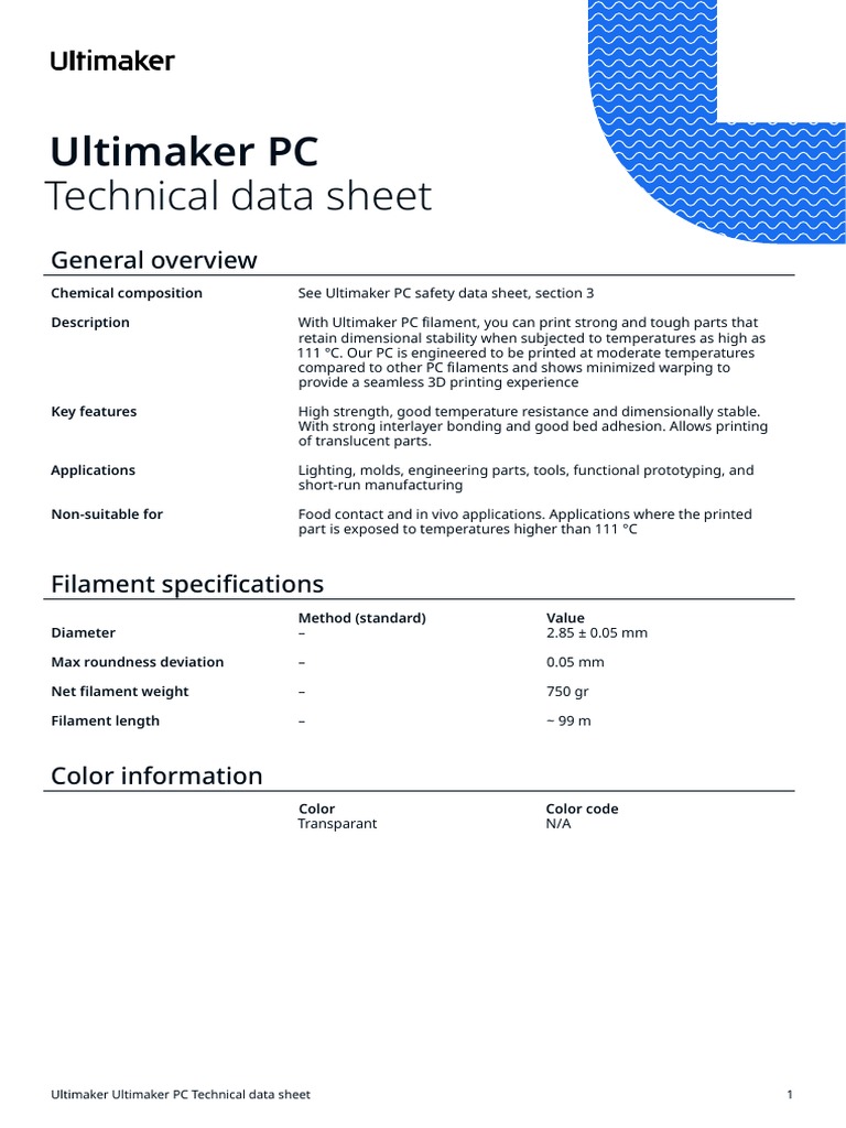 Ultimaker PC: Technical Data Sheet | PDF | Yield (Engineering ...
