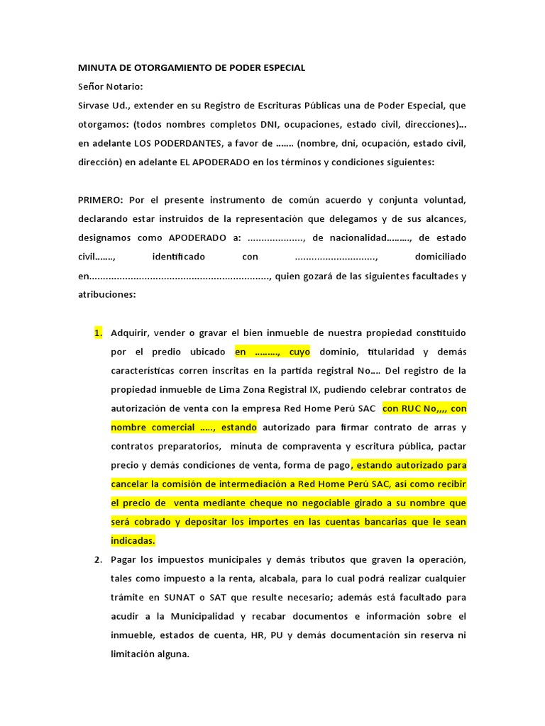 Minuta de Otorgamiento de Poder Especial | PDF | Propiedad