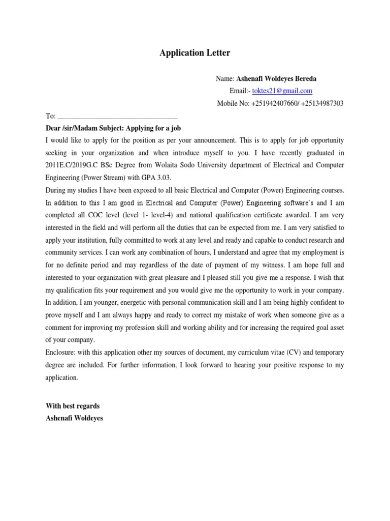 Application Letter: Dear /sir/madam Subject: Applying For A Job | PDF ...