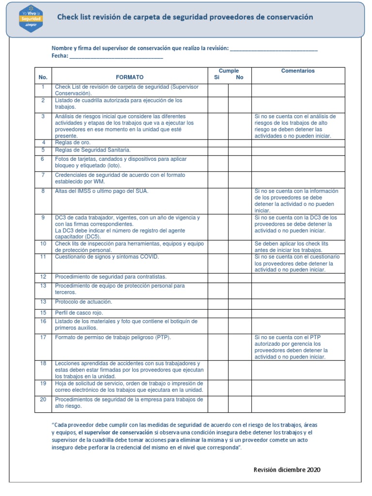 Check List Revisión de Carpeta de Seguridad Proveedores de Conservacion ...