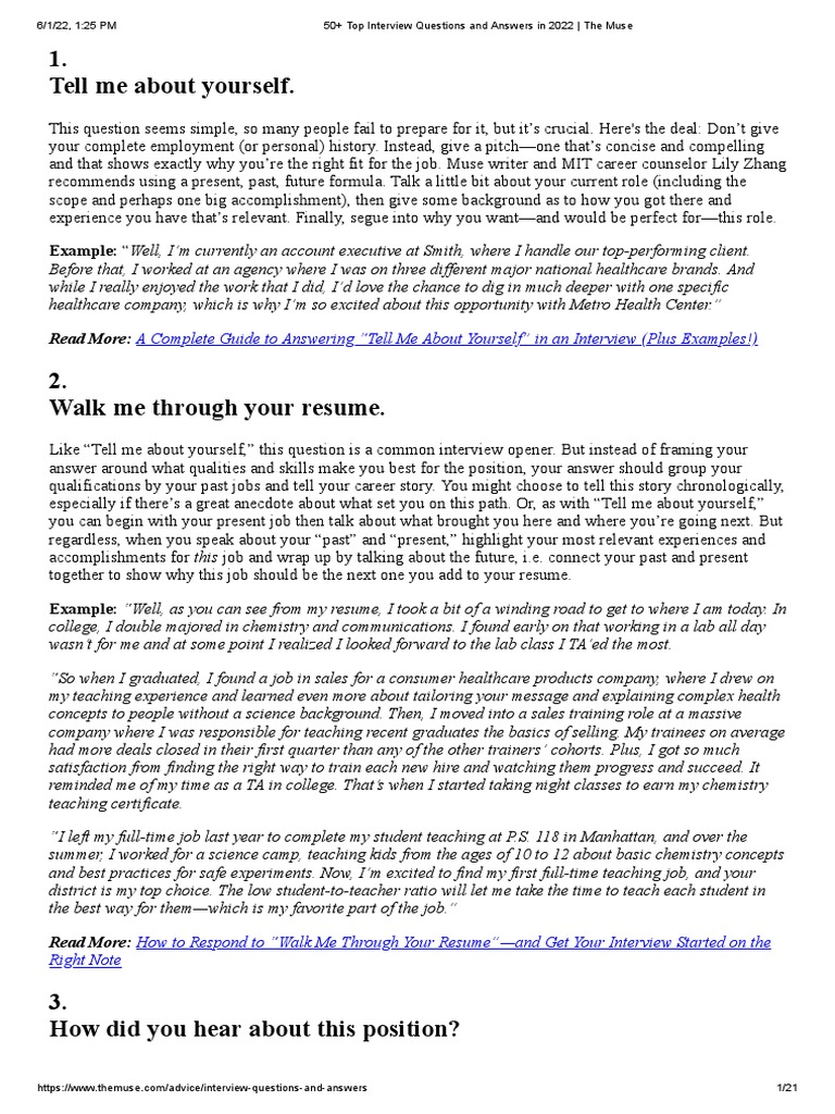 50+ Top Interview Questions and Answers in 2022 - The Muse | PDF ...