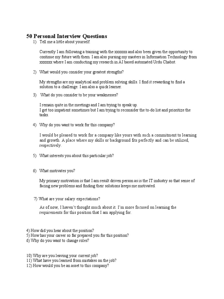 50 Personal Interview Questions | PDF | Leadership | Employment