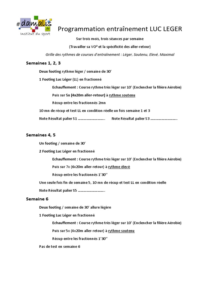Programme d'entraînement Luc Léger 3 mois | PDF | Forme physique ...