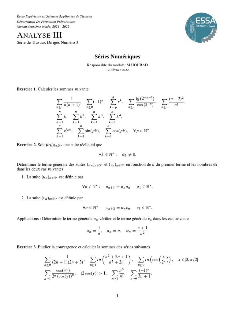 Travaux Dirigés sur les Séries Numériques | PDF | Série (mathématiques ...