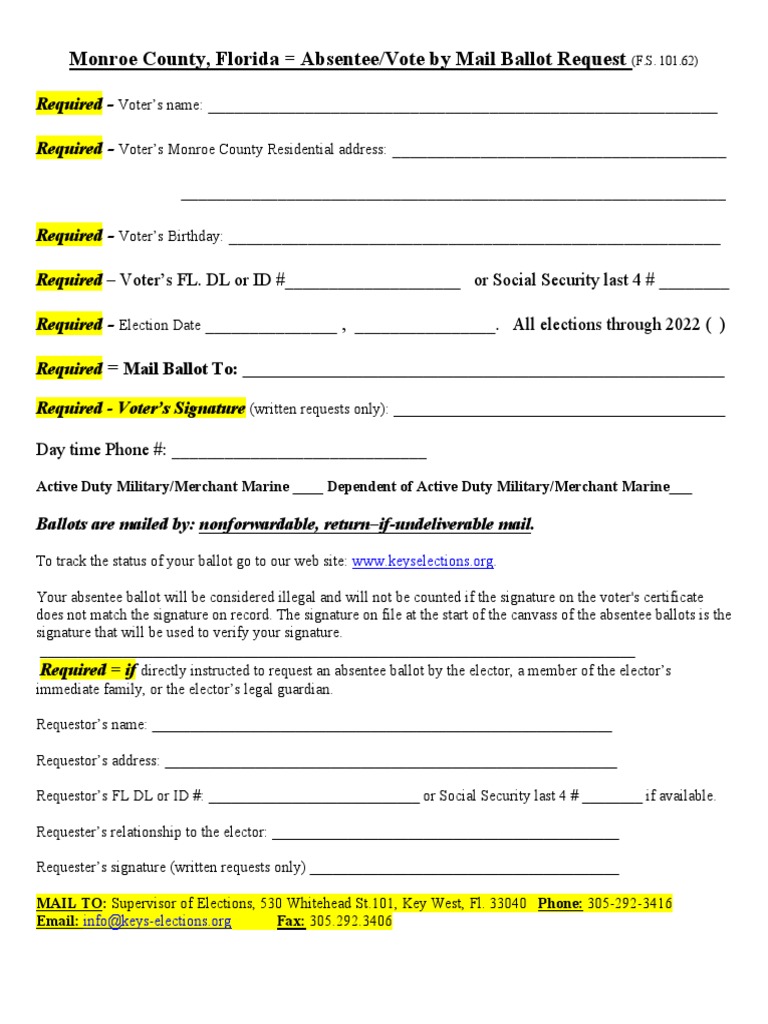 Monroe County Florida Absentee Ballot Request Form | PDF